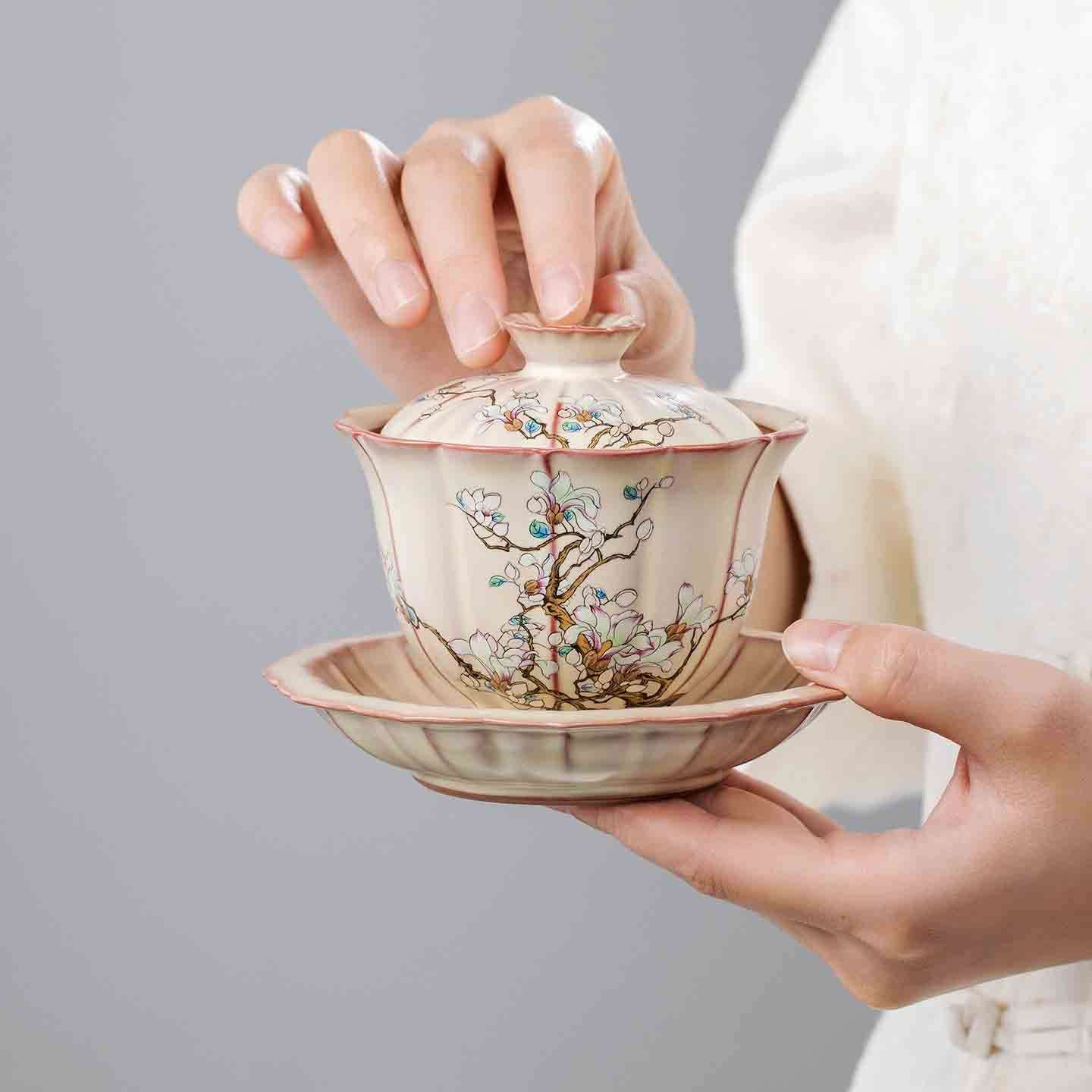 Ru Ware Gaiwan - Beige Ru Ware Magnolia Flower Ceramic Sancai Gaiwan ...
