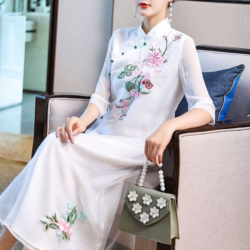Cheongsam Embroidery Dress - Elegant Chiffon and Polyester – Cultural ...